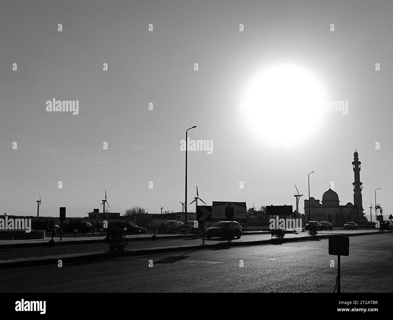 Mosque silhouette and the road. Islamic religion architecture in Egypt ...