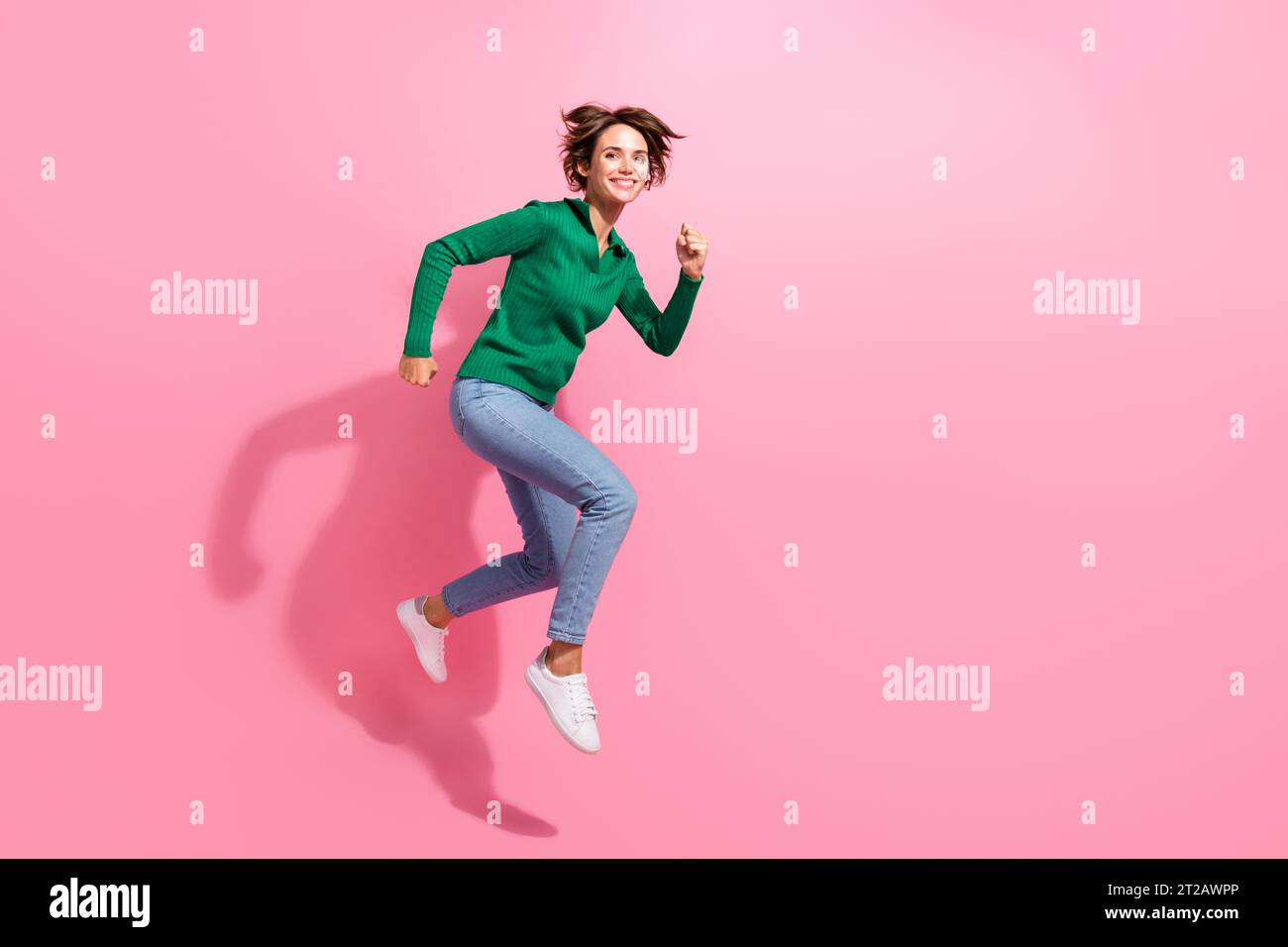 Full body photo of jumping air running girl wear trendy garment catch ...