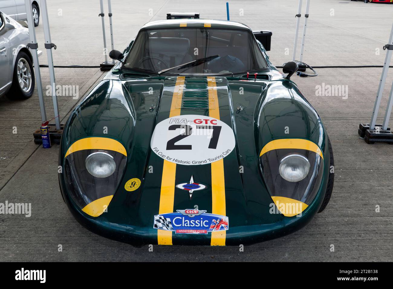 Front view of a1964, Green and Yellow, Marcos 1800 GTP on display in ...