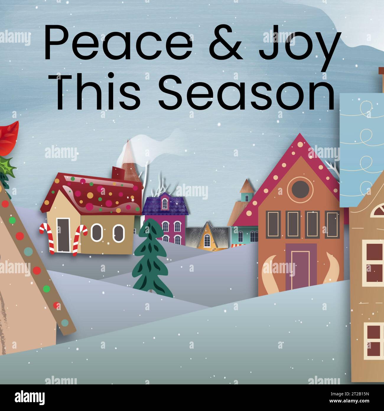 Composite of peace and joy this season text over snowy winter landscape ...