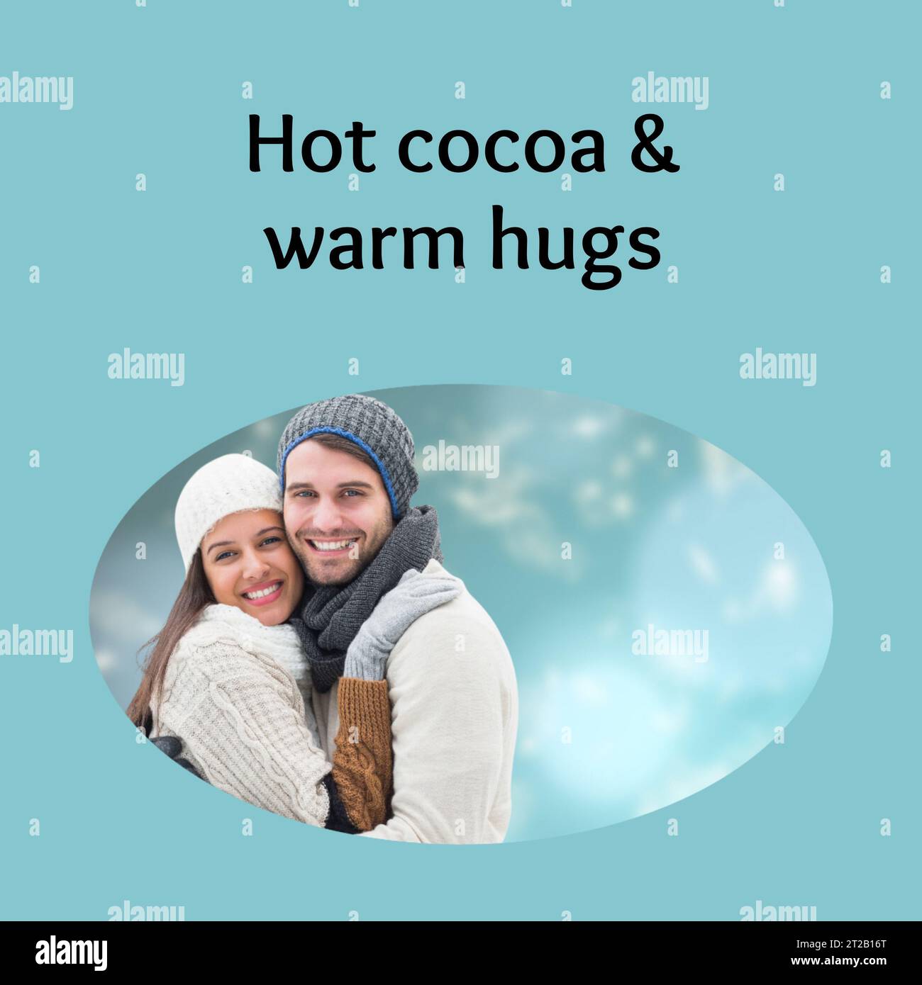 Composite of hot coca and warm hugs text over caucasian couple in ...