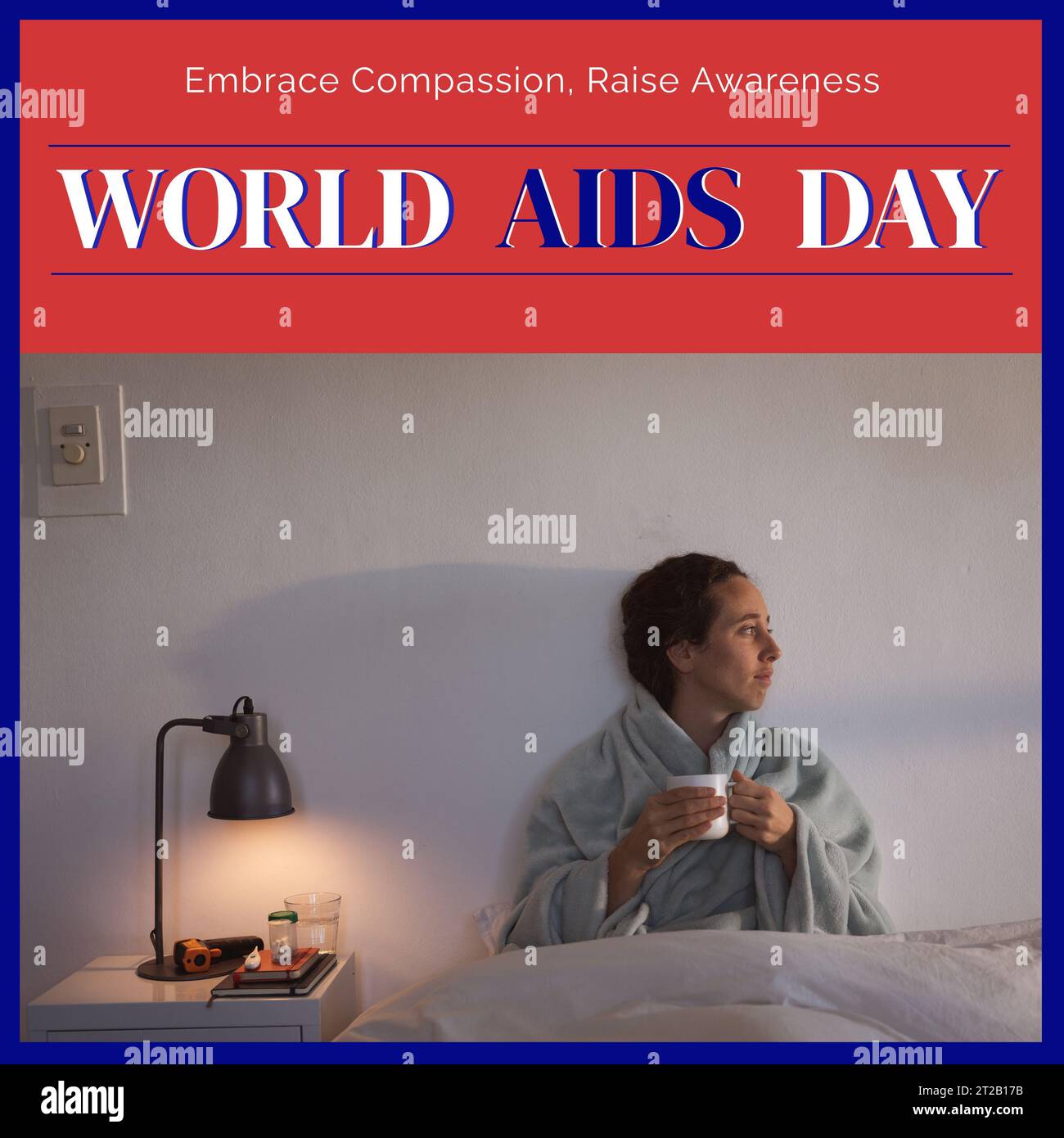 Composite of world aids day and sad caucasian woman in bed on white ...