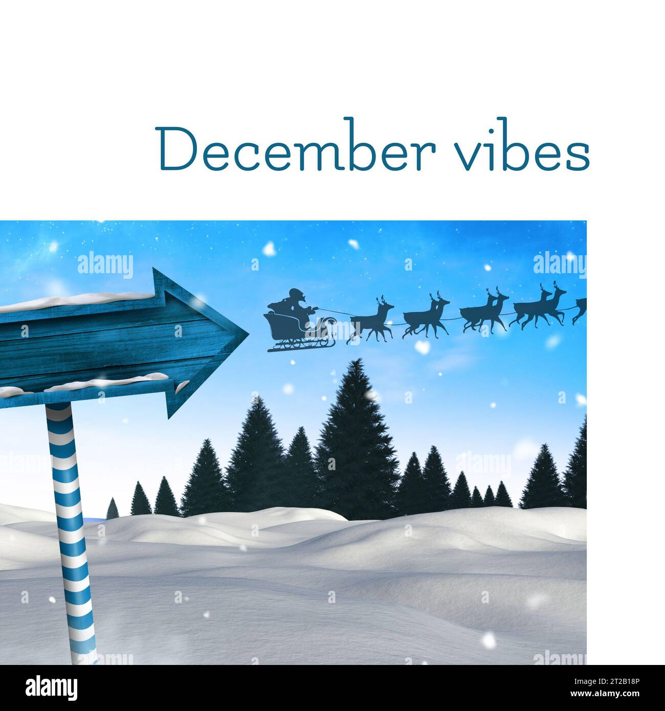 December vibes text and father christmas in sleigh over winter ...