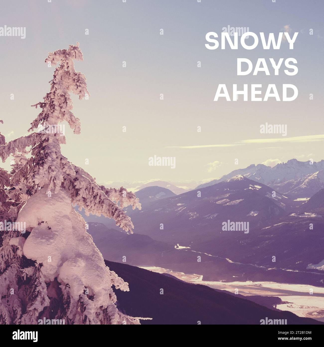 Composite of snowy days ahead text over winter scenery Stock Photo - Alamy