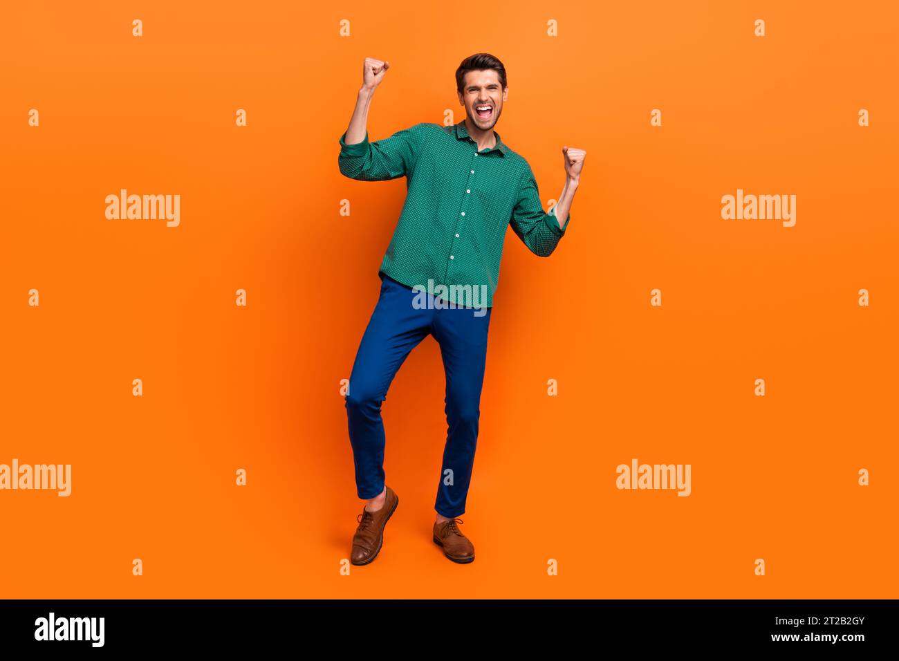 Full body photo of overjoyed man fists up yelling screaming wear formal ...
