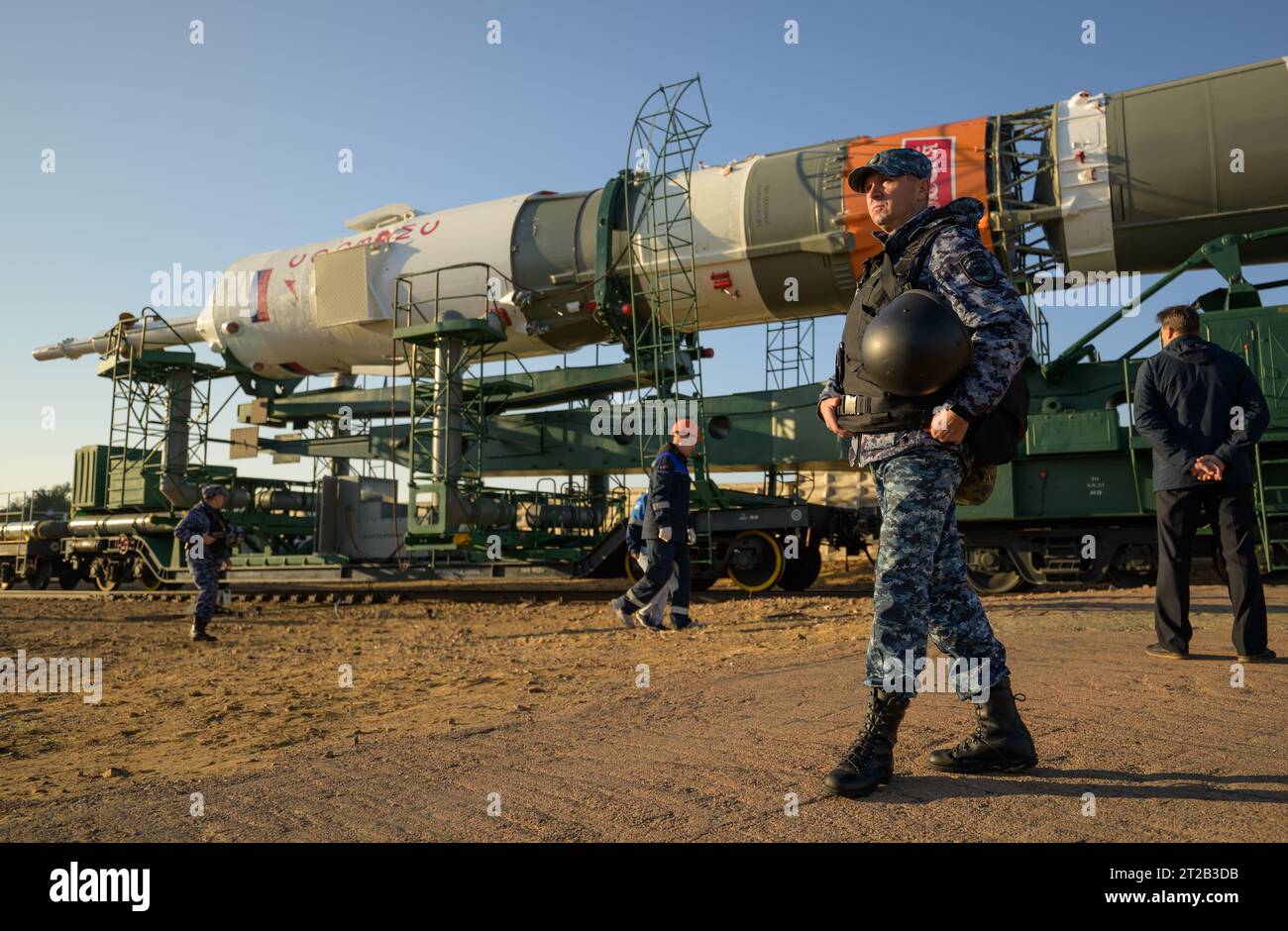 Expedition 70 Soyuz Rollout. The Soyuz rocket is rolled out by train to ...