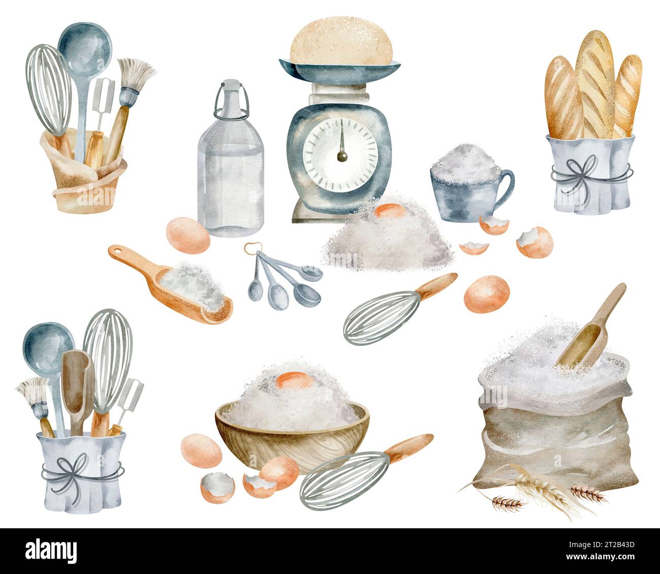 Kitchen tools. Homemade ingredients for cooking. Watercolor ...