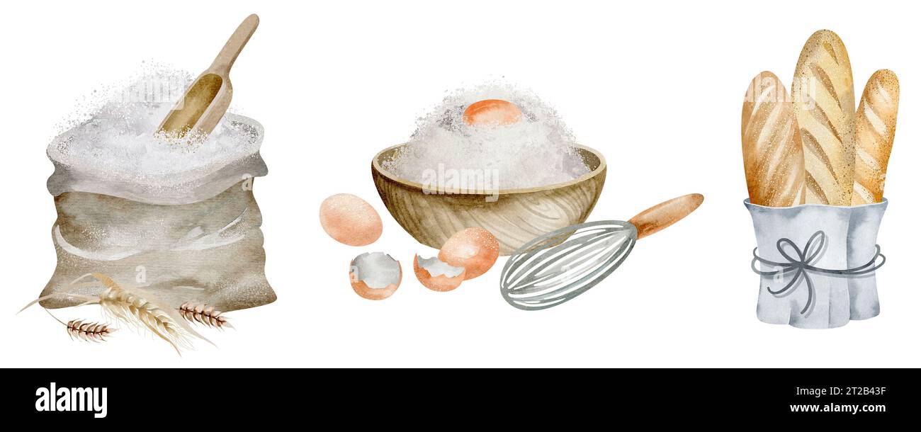 Ingredients for baking bread. Watercolor illustration of flour in a bag ...