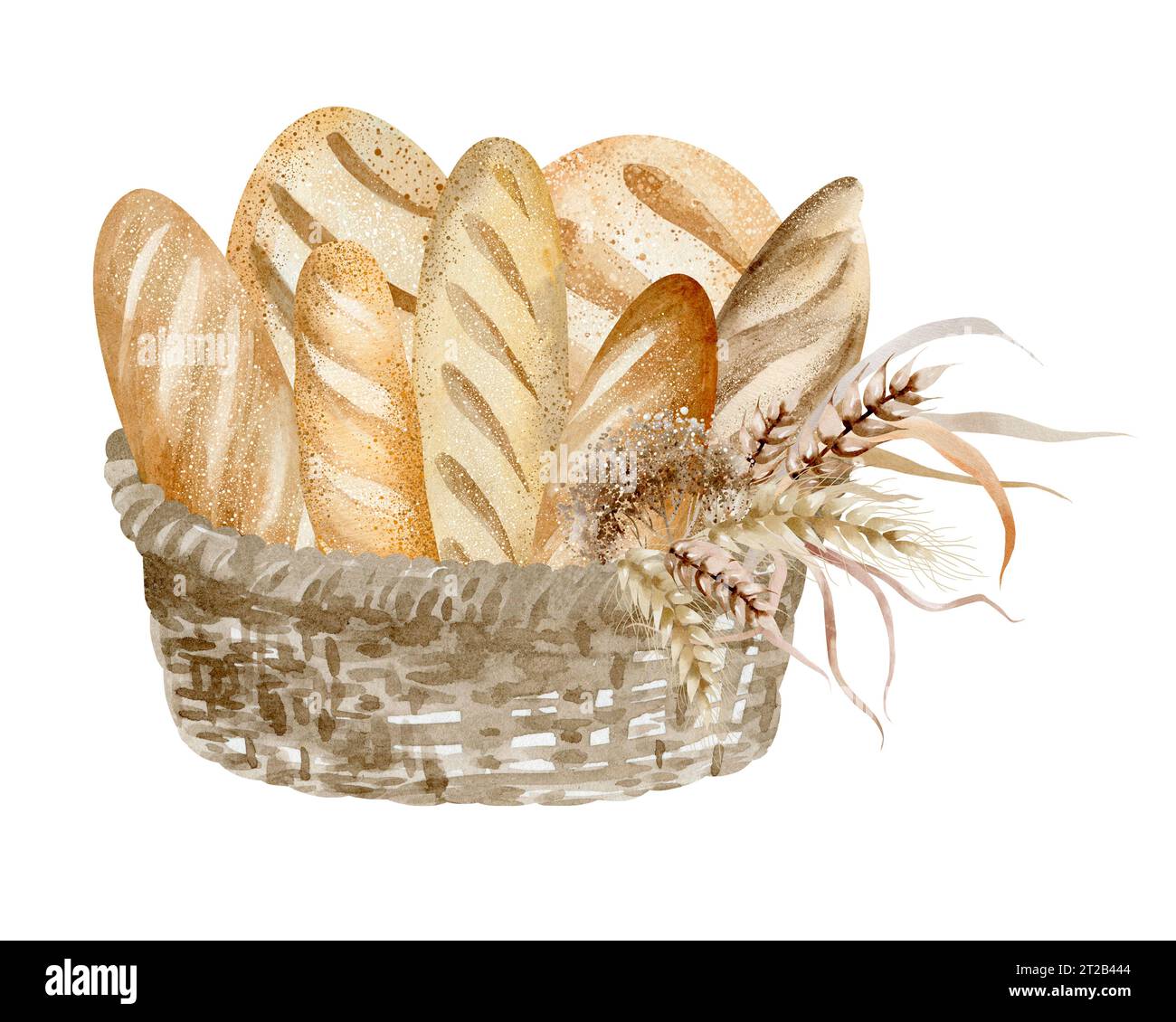 Homemade whole grain bread in a wicker basket. Hand drawn watercolor ...