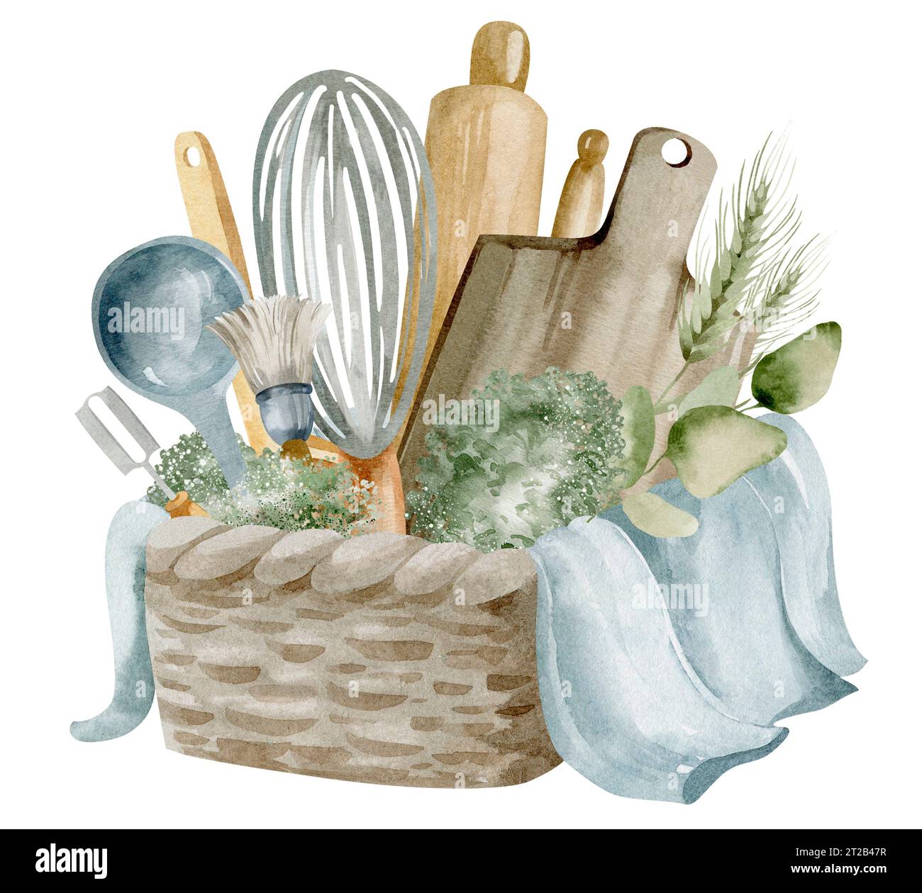 Kitchen utensils and vegetables in a basket. Watercolor illustration of ...