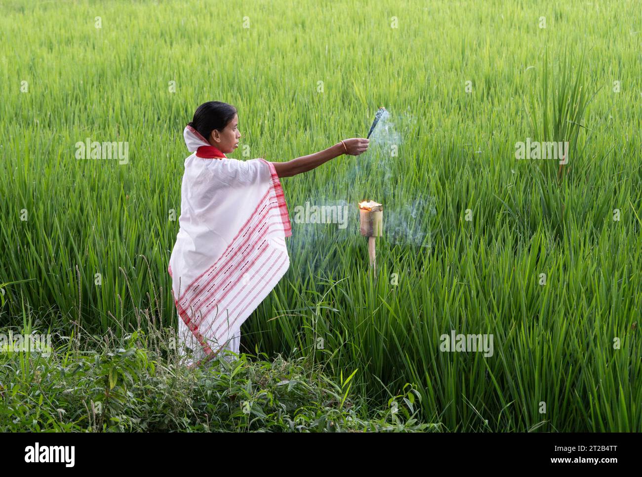 A Woman light Diya (Oil lamp) and incense sticks as she offer prayers ...