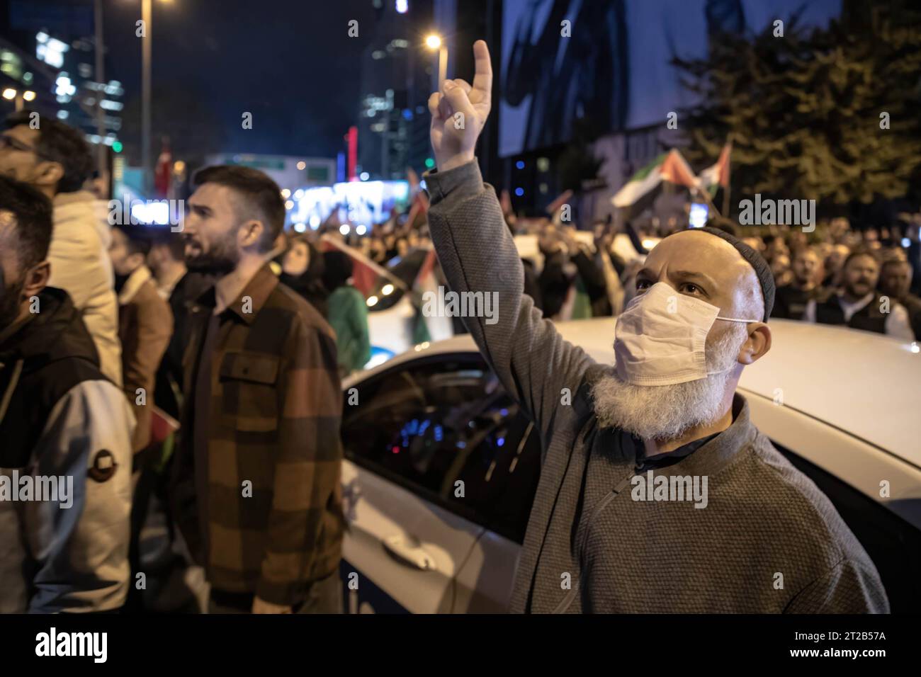 Istanbul, Turkey. 18th Oct, 2023. A protester wearing a face mask make ...