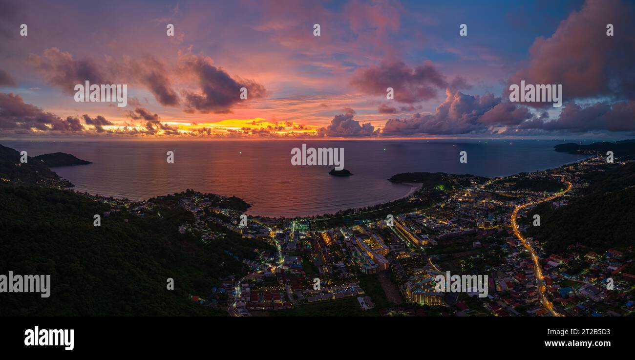 aerial view lighting in twilight at Kata beaches and Karon beach ...