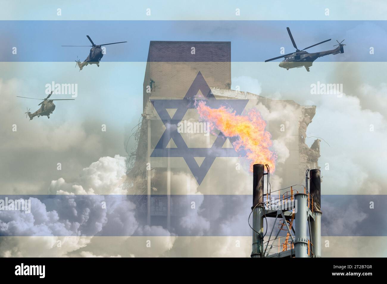 Helicopters with smoke around damaged building with flag of Israel ...