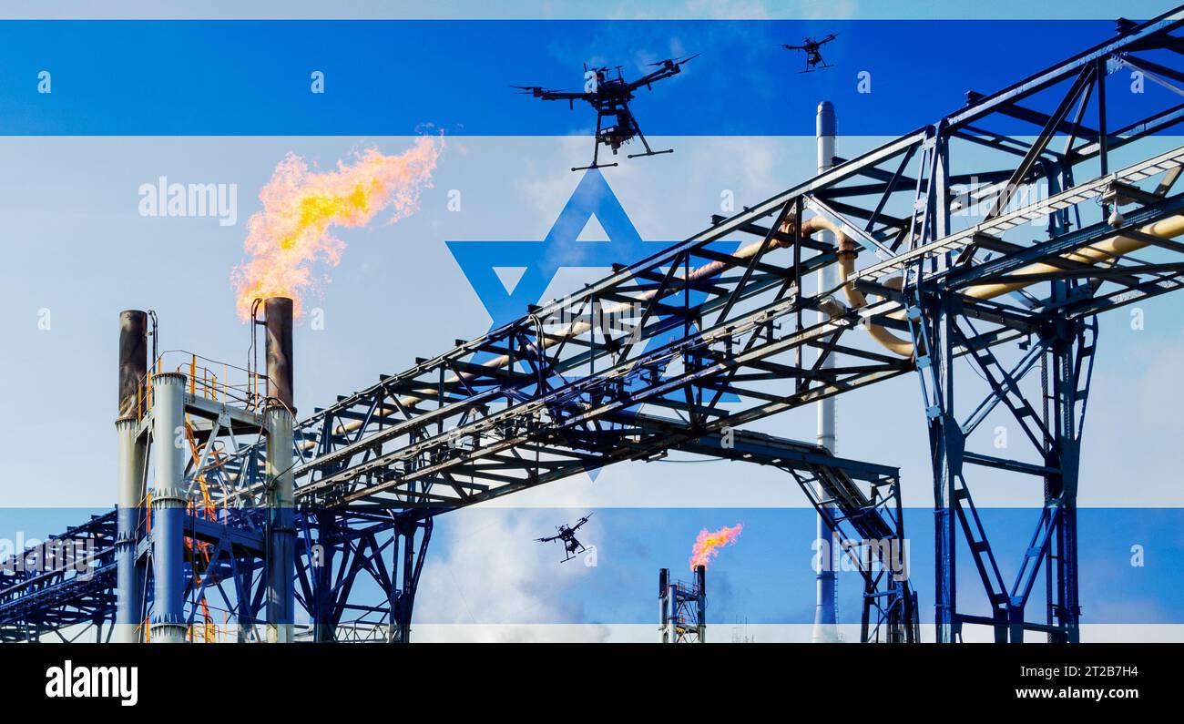 Drones flying over gas pipeline with flag of Israel overlayed ...