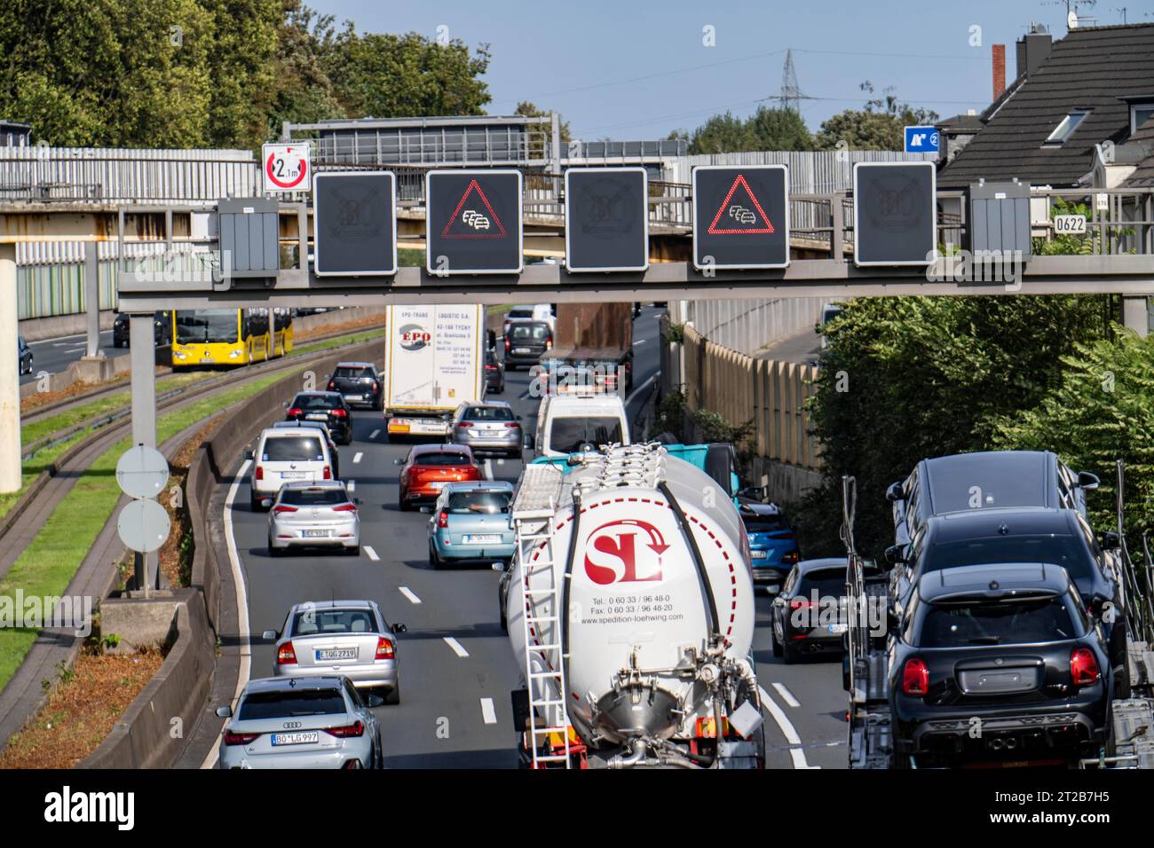 Traffic jam on the A40 motorway, Ruhrschnellweg, in Essen, near the ...