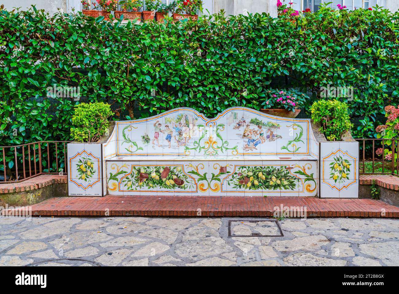 Beautiful ornate bench made from ceramic tiles in Anacapri, Island of ...