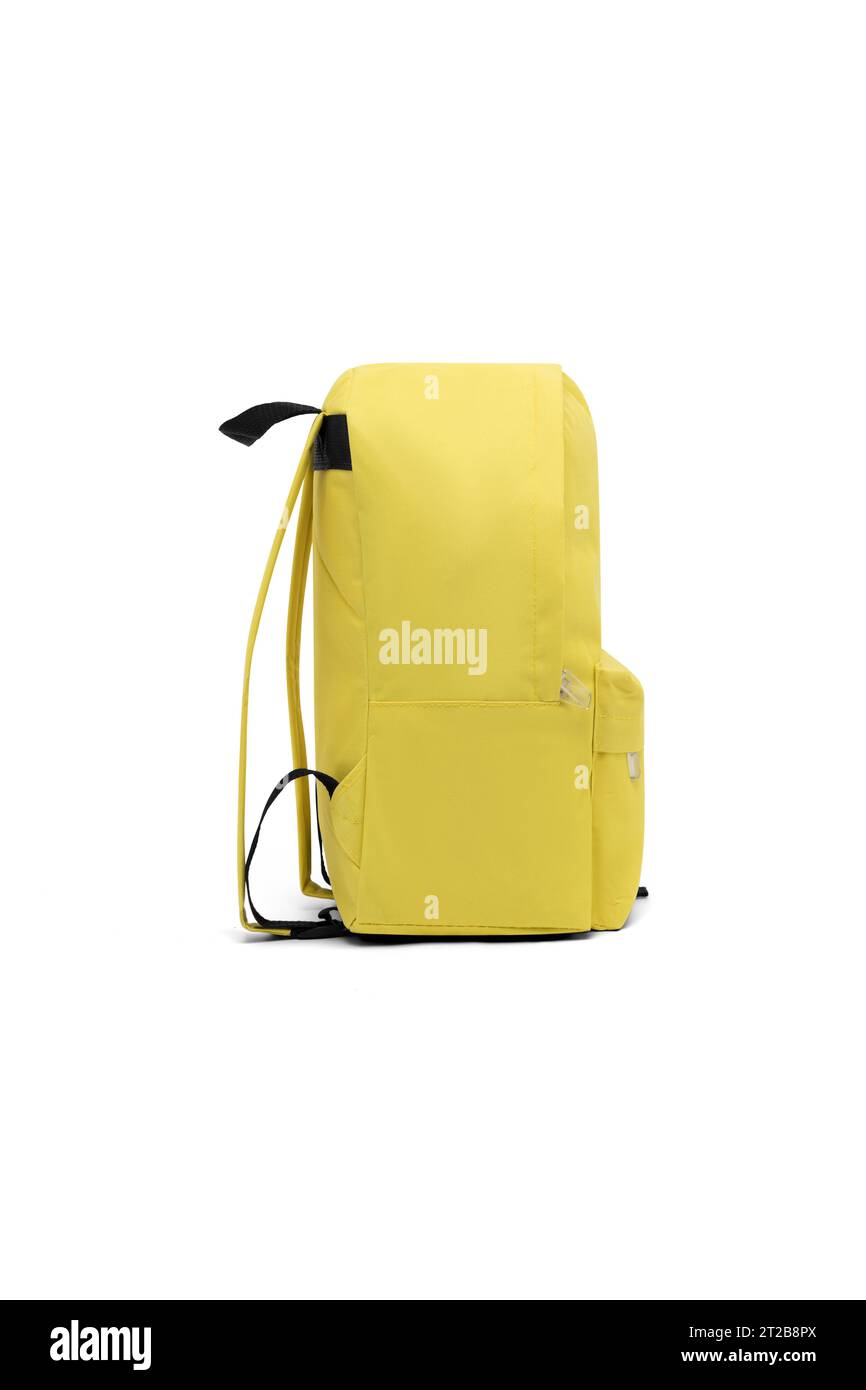 close up trendy fashionable school backpack yellow color isolated on ...