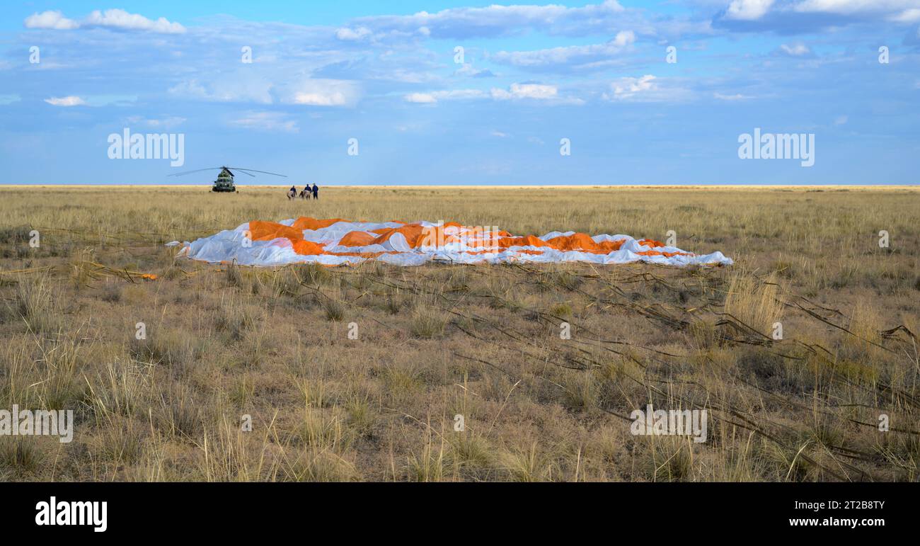 The parachute of the Soyuz MS-23 capsule was deployed as it landed near ...