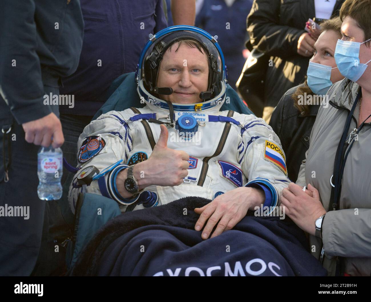 Roscosmos cosmonaut Sergey Prokopyev is seen outside the Soyuz MS-23 ...