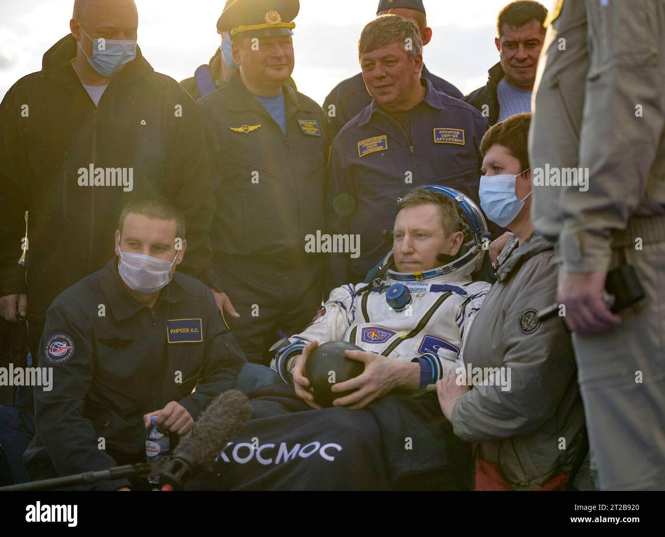 Roscosmos cosmonaut Sergey Prokopyev is seen outside the Soyuz MS-23 ...