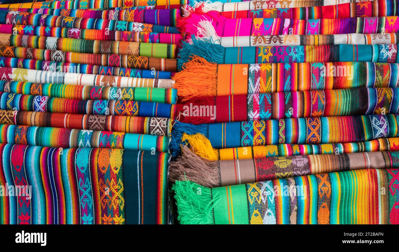 Otavalo, Imbabura / Ecuador - October 14 2023: Detail of fabrics with a ...