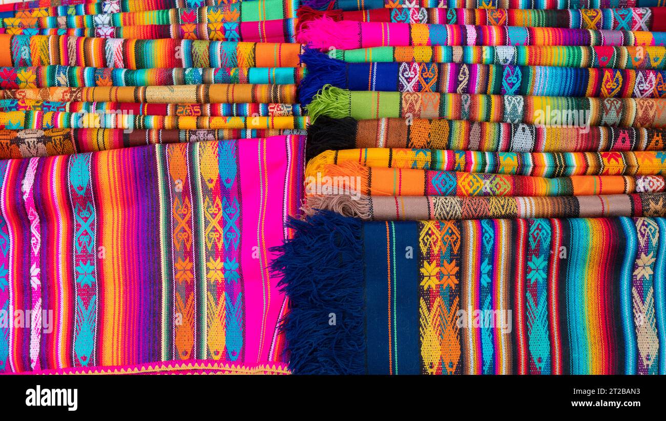 Otavalo, Imbabura / Ecuador - October 14 2023: Detail of fabrics with a ...