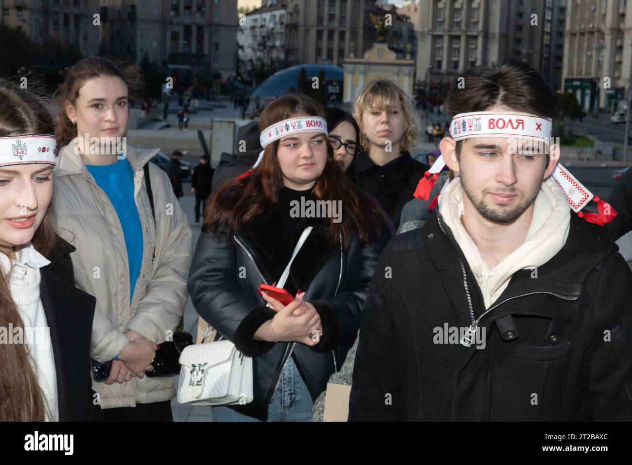 A group of students seen with headbands with the words Volya (Freedom ...