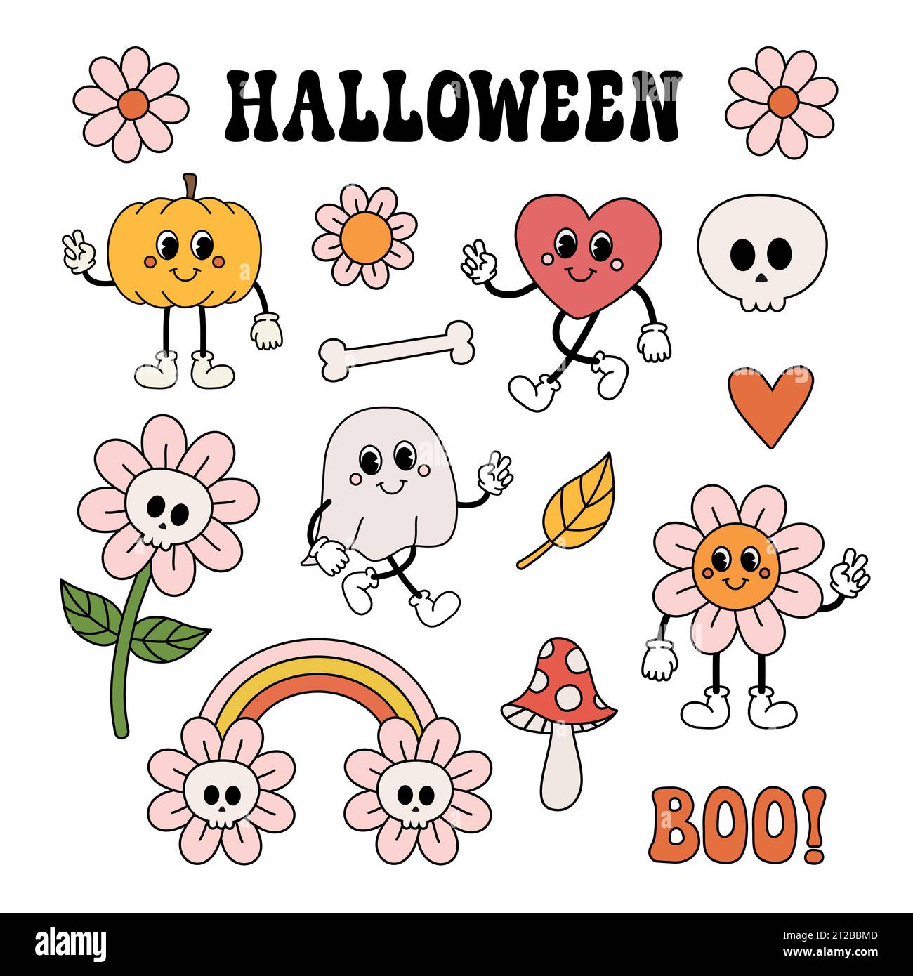 Vector set of groovy halloween cartoon retro characters and elements ...