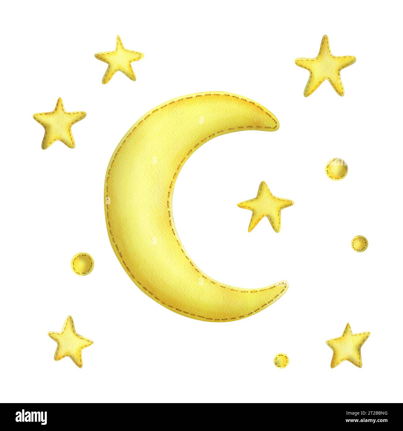 Yellow half moon with stars from fabric with thread stitches ...