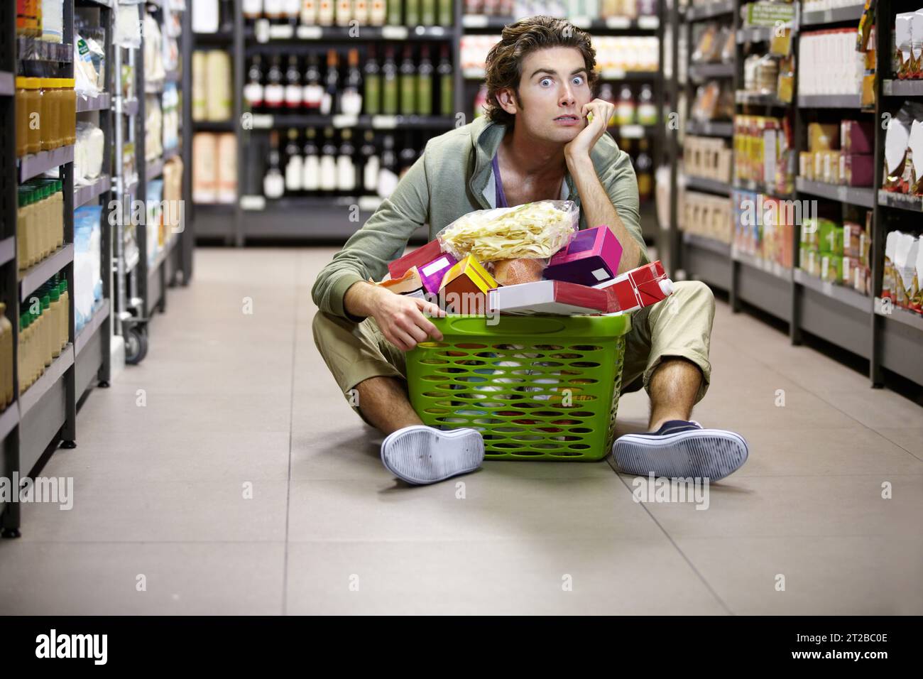 Man, grocery shopping and supermarket, stress about inflation and ...