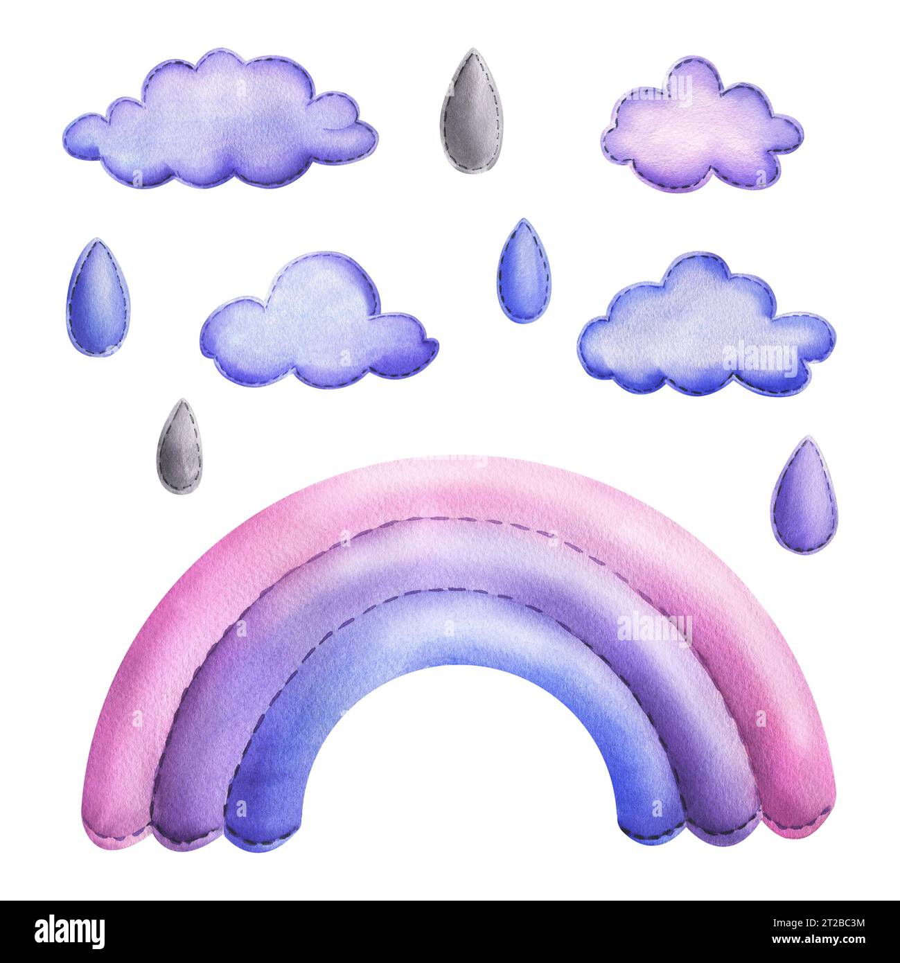 Blue, lilac rainbow, clouds, raindrops are sewn from fabric with thread stitches. Watercolor ...
