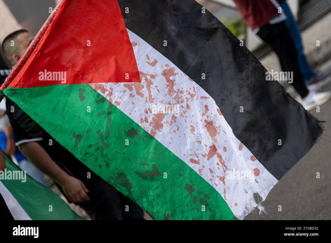 Awkar, Lebanon. 18th Oct, 2023. A Palestine flag that has blood on it ...