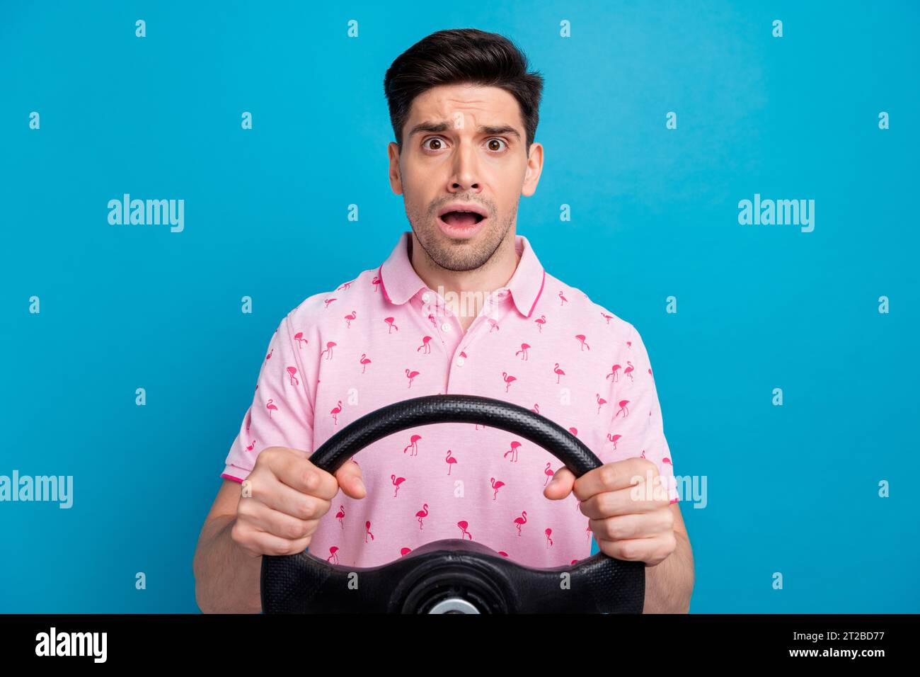 Portrait of impressed speechless person open mouth staring hands hold ...