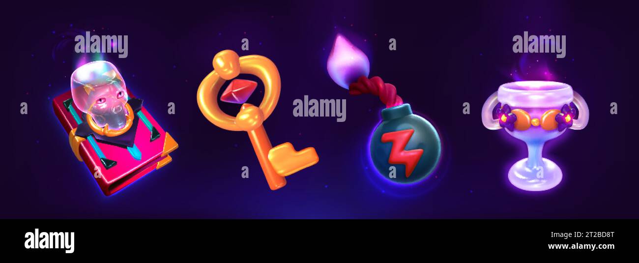 Fantasy props, game assets cartoon vector set. Magic book with skull ...