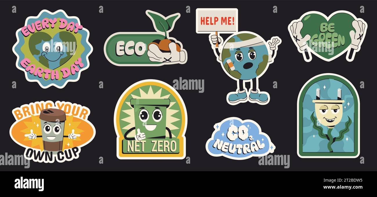Flat set stickers of save the planet in trendy groovy style. Funny ...