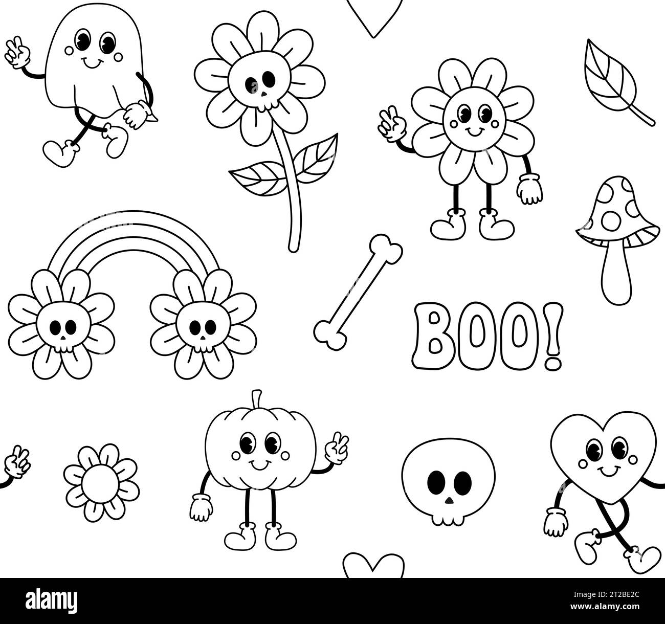 Vector seamless pattern of groovy halloween cartoon retro outline ...