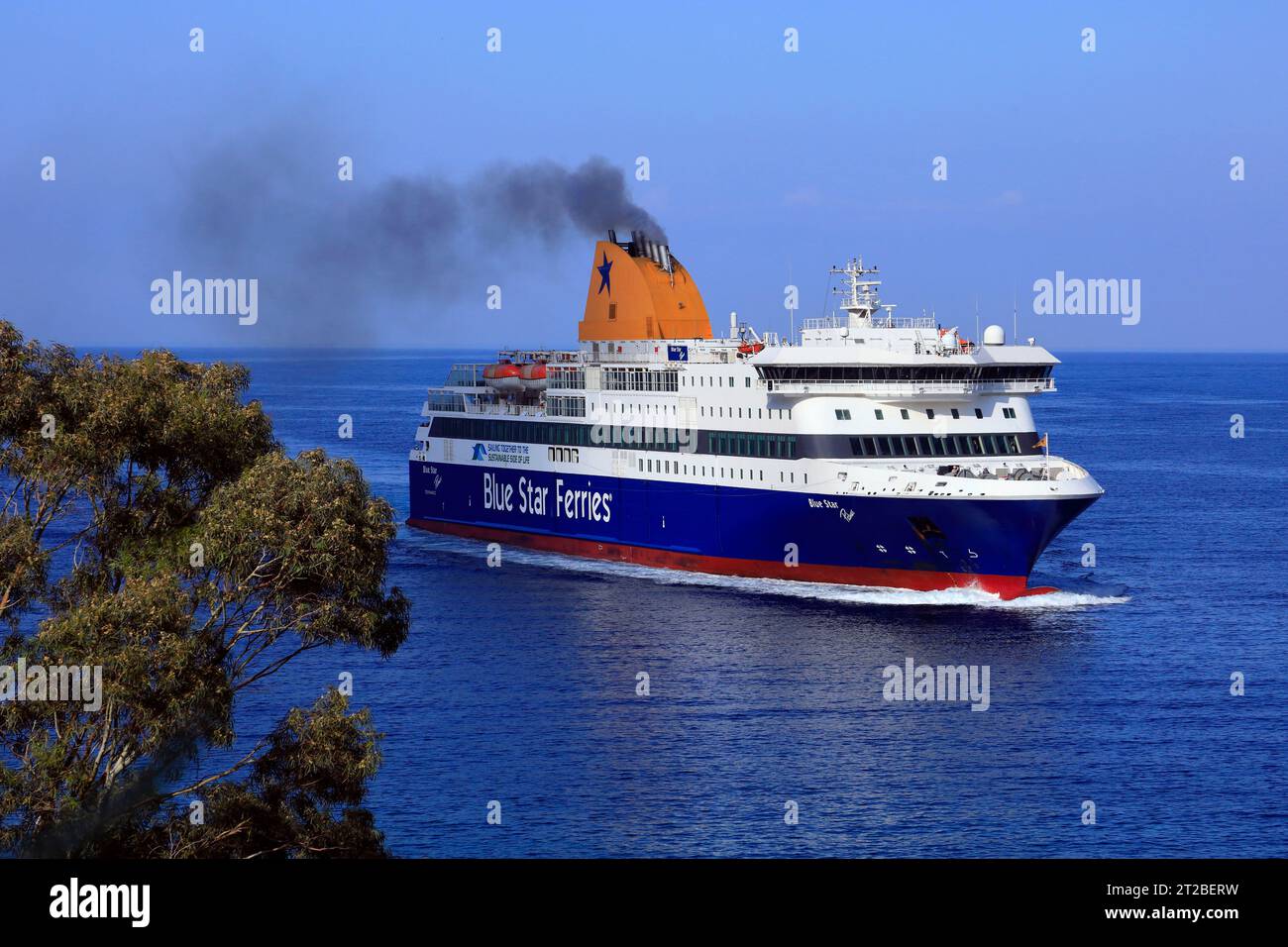 Large Blue Star Ferries ferry boat - Patmos - approachingTilos harbour ...