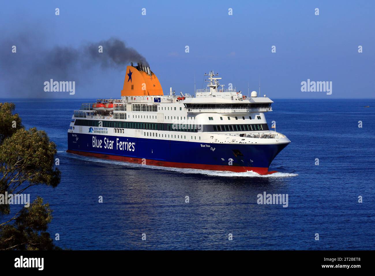 Large Blue Star Ferries ferry boat - Patmos - approachingTilos harbour ...