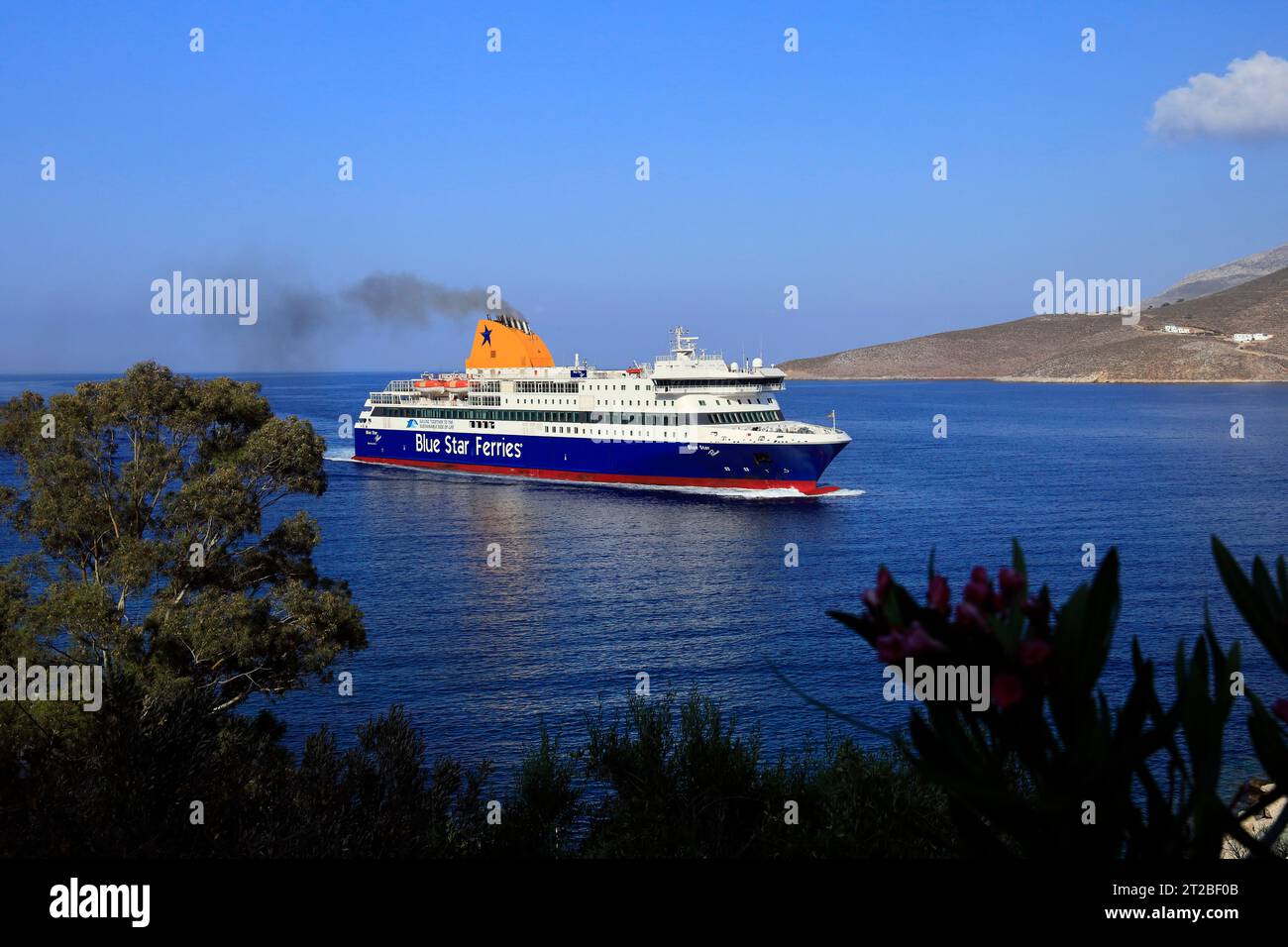 Large Blue Star Ferries ferry boat - Patmos - approachingTilos harbour ...