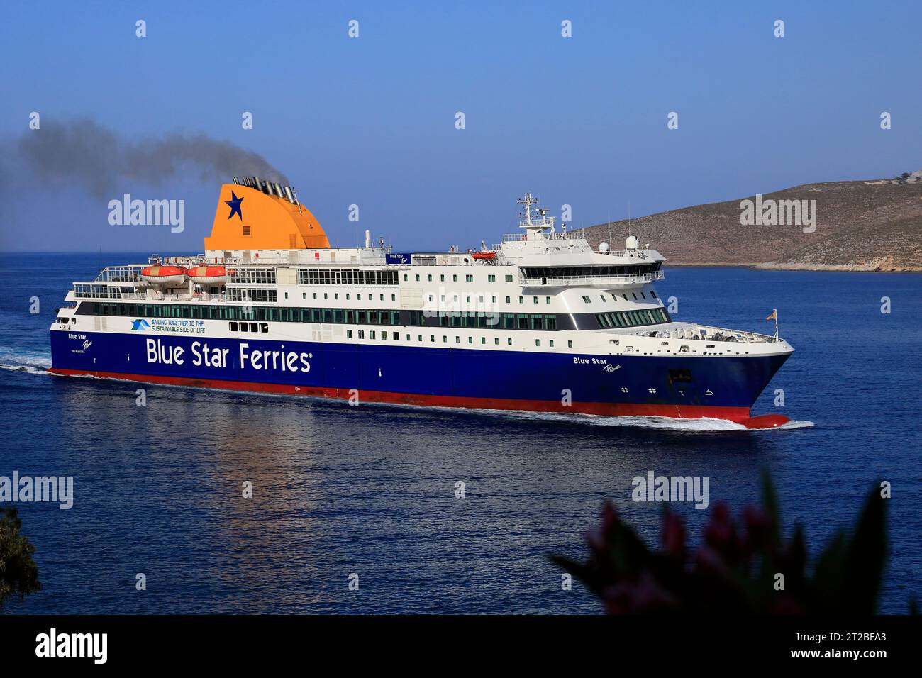 Large Blue Star Ferries ferry boat - Patmos - approachingTilos harbour ...