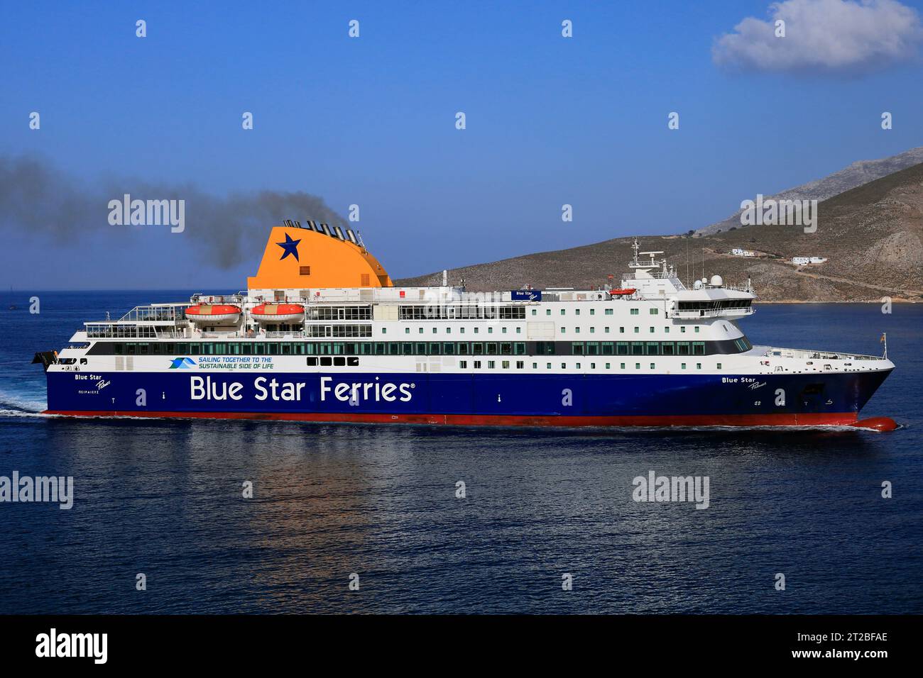 Large Blue Star Ferries ferry boat - Patmos - approachingTilos harbour ...