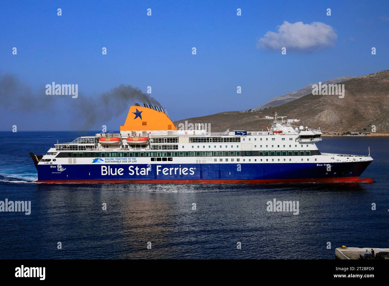 Large Blue Star Ferries ferry boat - Patmos - approachingTilos harbour ...