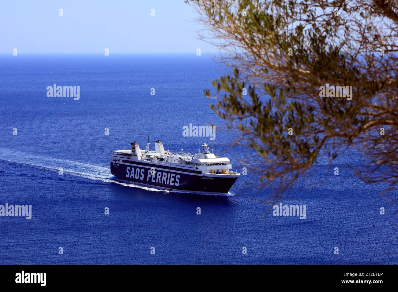 SAOS Ferries ferry boat The Stavros approaching Tilos harbour, Tilos ...