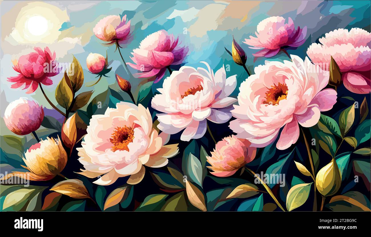 Drawn art peonies on textured wall with imitation scuffs. Wallpaper in ...