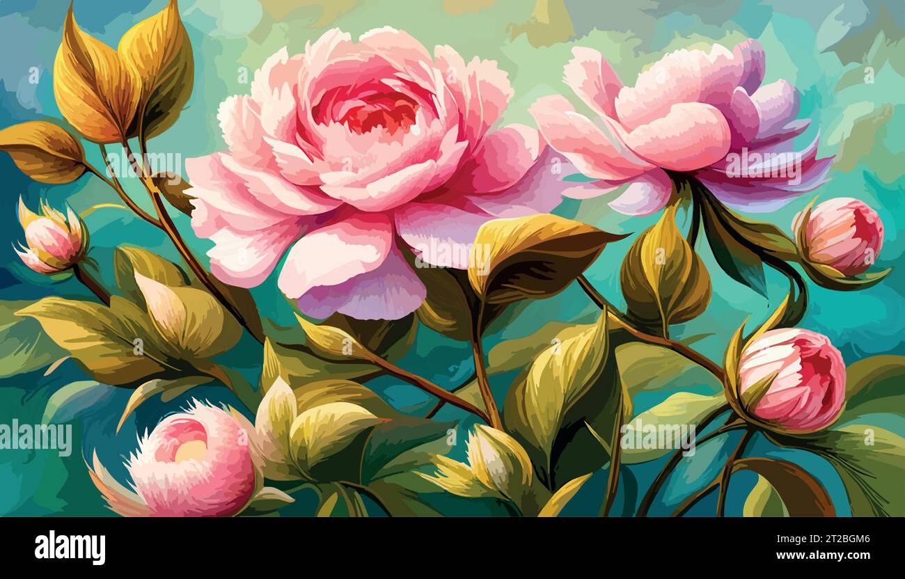 Peony pink flower oil painting color background bouquet rose flower ...
