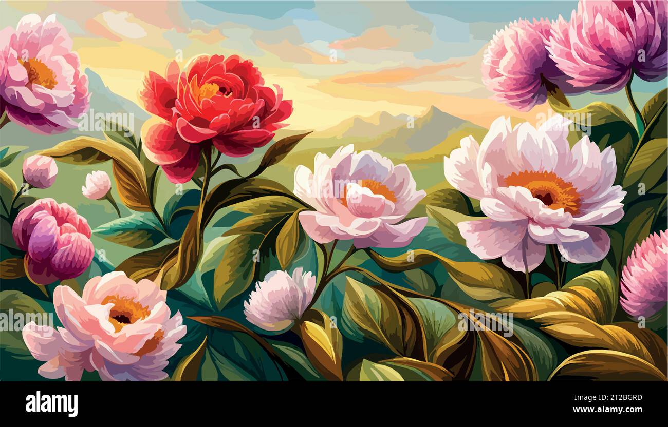 Drawn art peonies on textured wall with imitation scuffs. Wallpaper in ...