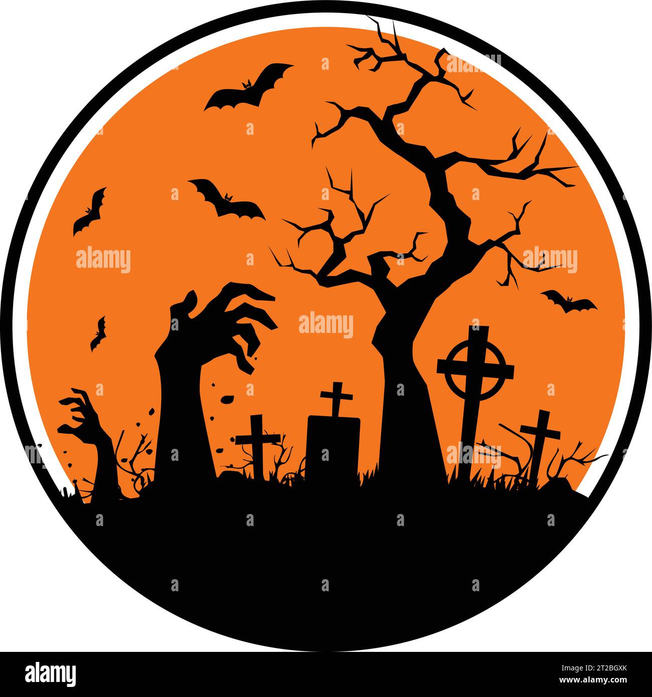Dead hand silhouette in full moon night in cemetery. Vector round ...