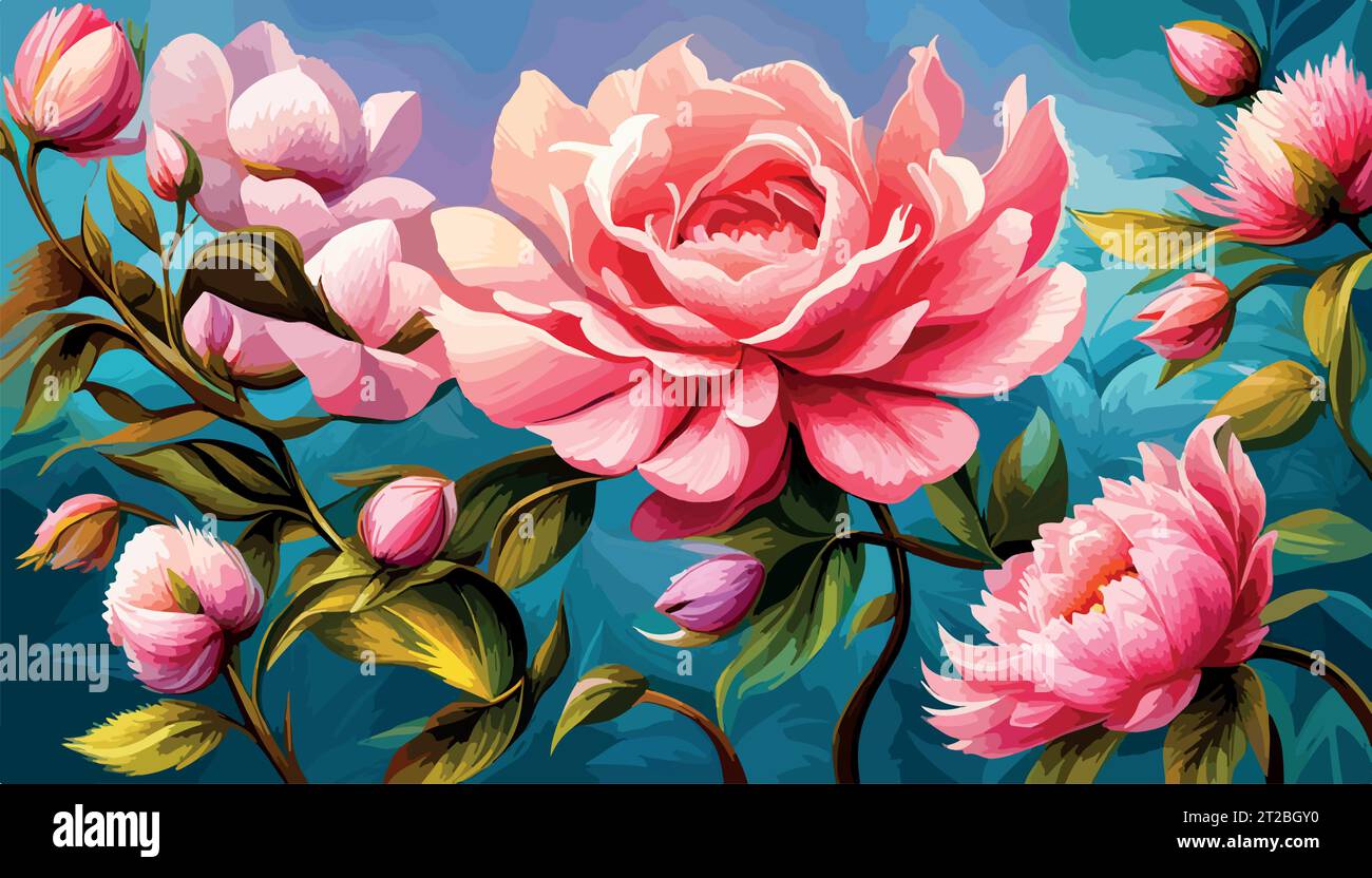 Drawn art peonies on textured wall with imitation scuffs. Wallpaper in ...