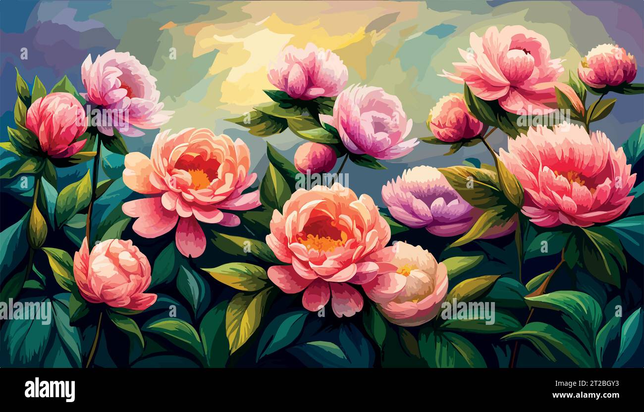 Drawn art peonies on textured wall with imitation scuffs. Wallpaper in ...